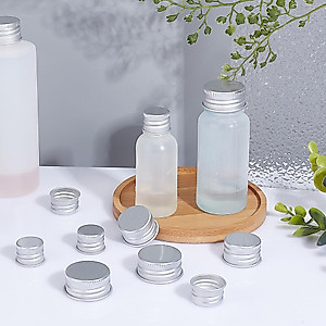 BENECREAT 64 Pcs Aluminum Caps Top Spiral Caps Flat Round Aluminum Caps Aluminum Cans Spiral Tops for Refillable Bottles Replacement Caps Inner Diameter: 17.5/20/23.5/28 mm