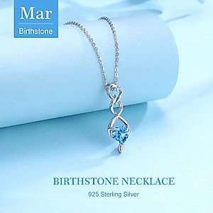 Blue March Birthstone Necklace for Women, Dainty Aquamarine Necklace Jewelry 925 Sterling Silver Heart Birthstone Gemstone Necklace Valentines Mothers Day Gifts for Her Wife Mom Anniversary Birthday Gifts for Women