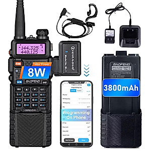 Baofeng UV-5R Ham Radio Handheld High Power Two Way Radio 3800mAh Battery Walkie Talkies with Earpiece and TIDRADIO Wireless Programmer Adapter Support Phone APP Program