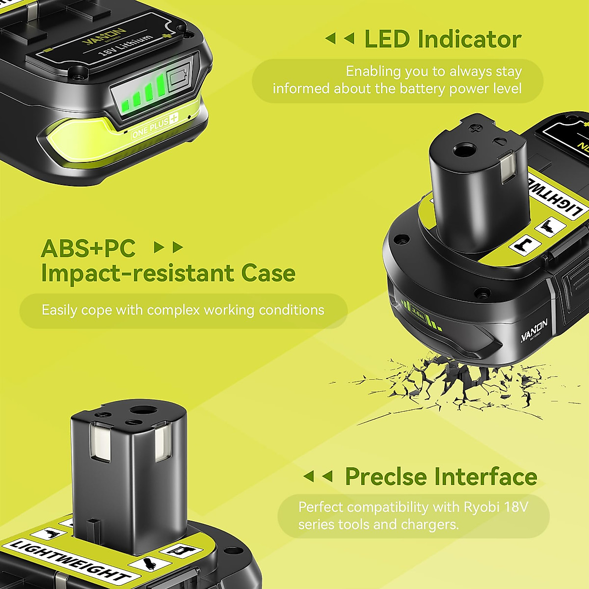 2Pack 2.5Ah 18V Lithium Battery Replacement for Ryobi 18-Volt ONE P104 P105 P102 P103 P107 P108 P109 Tool