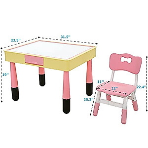 FLYING OLLY Kids Table and Chair Set with Block-Build Table & Dry-Erase Activity Table, Compatible Kids Art painting Table with 2 Drawers for Kids and Toddlers for Daycare, Classroom, Kids Room (Pink)