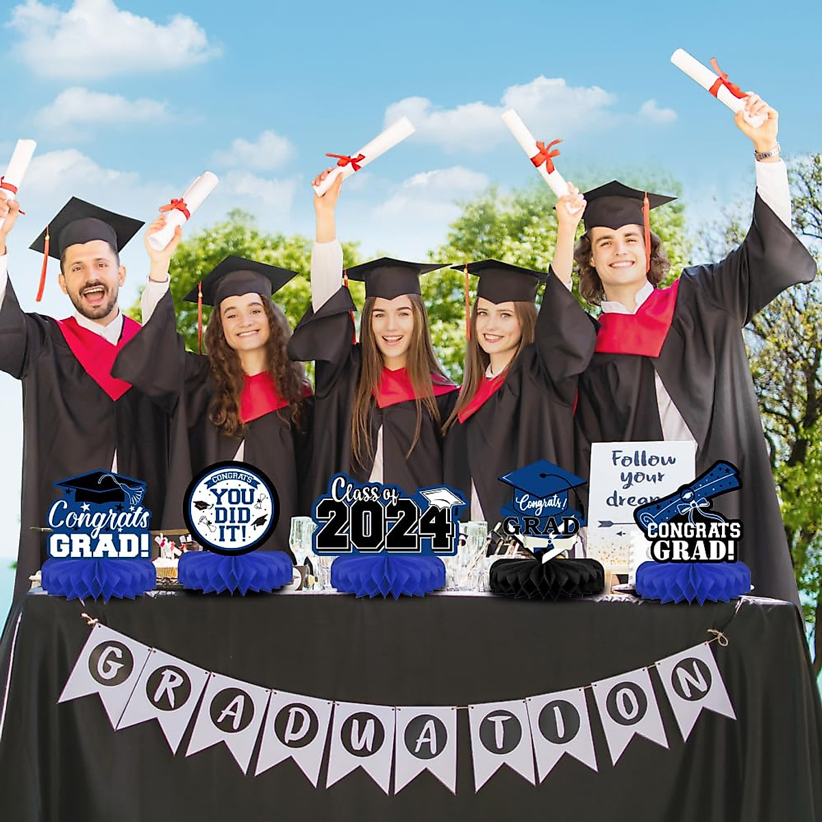 AKEROCK Graduation Decorations Class of 2024, 9Pcs Honeycomb Table Graduation Centerpieces for Graduation Party Decorations, Table Toppers Graduation Decor - Graduation Party Supplies(Blue, Black)