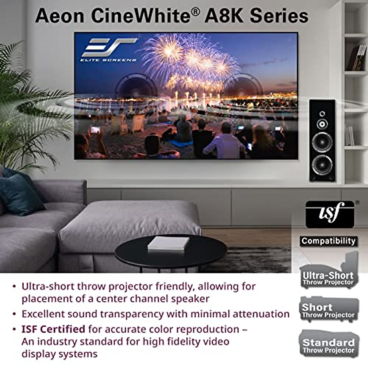 Elite Screens Aeon CineWhite A8K, 135" Diag, 16:9 Aspect Ratio, ISF Certified 8K Ultra HD Home Theater Fixed Frame Edge Free Projection Sound Transparent Perforated Weaved Screen, AR135H-A8K