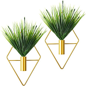 2 Pieces Diamond Shape Hanging Planters with Artificial Aquatic Plants Metal Hanging Vase Indoor Plants Holder Modern Geometric Wall Decor for Home Living Room Office (Gold, Aquatic Plant)