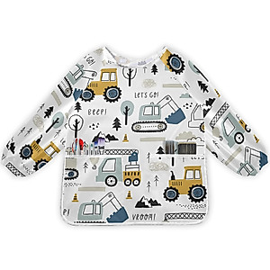 Bolaz Painting Smocks for Kids 2-4 Art Smocks Eating with Pockets Childish Truck Excavator Waterproof Long Sleeve Toddler Infant Children Apron