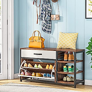 Tribesigns Flip Drawer Shoe Storage Bench, Hidden Shoe Cabinet with Drawer and 4 Tiers Shelves, 4 in 1 Tipping Bucket Shoe Storage Rack for Entryway, Hallway, Living Room, Rustic Brown & White