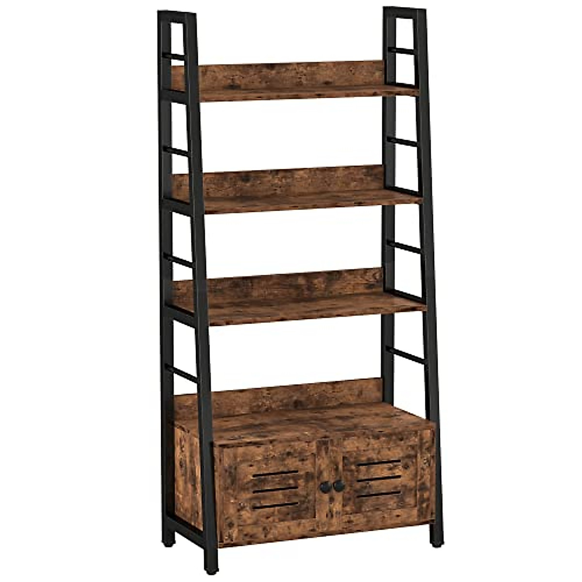IRONCK Bookshelf with Louvered Doors, 3-Tier Ladder Shelf with Cabinet Industrial Accent Furniture for Bedroom Living Room Home Office, Rustic Brown