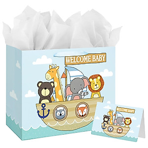 13" Large Baby Gift Bag with Card and Tissue Paper for Baby Shower,Kids Birthday (Animal)