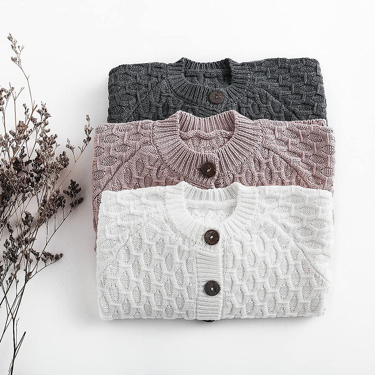 Simplee kids Baby Sweater Cable-Knitted White Baby Unisex Cardigan for Autumn Fall 18-24 Months