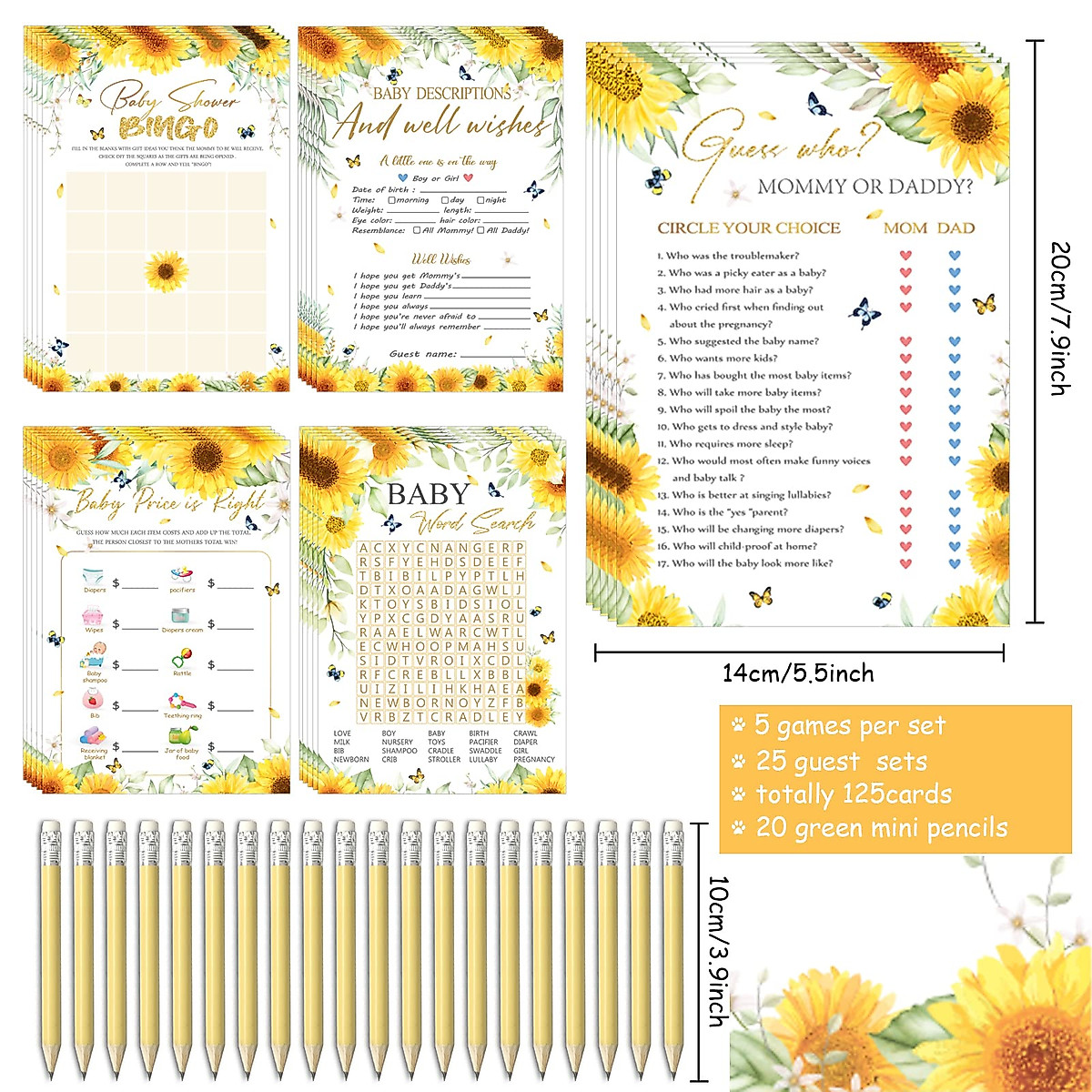 145 Pieces Sunflower Baby Girl Shower Game Set 5 Games 25 Sheets of Each with 20 Pencils Floral Baby Shower Games & Activities for Girl Includes Baby Descriptions and Wishes, Guess Who, Bingo Game