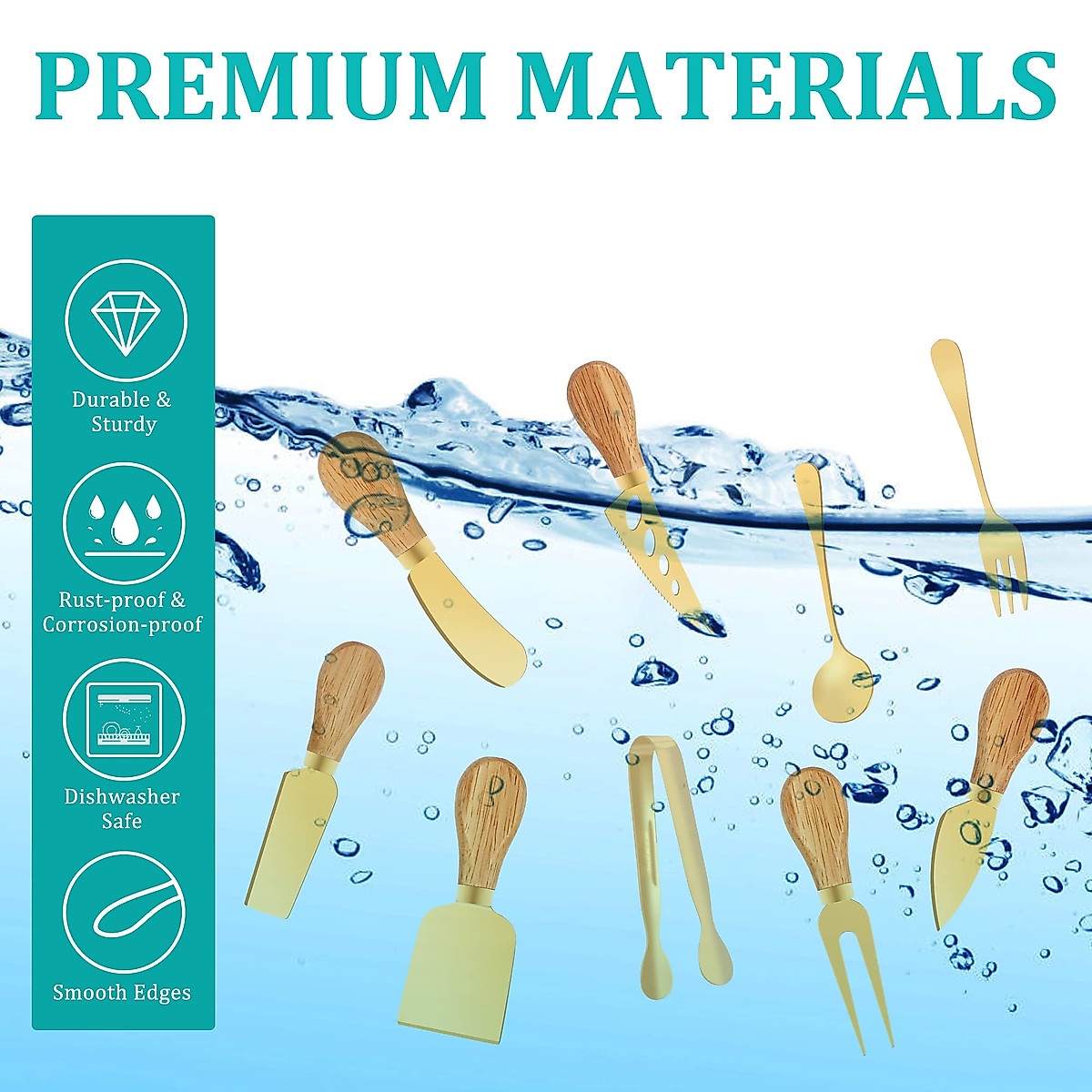 Cheese Knife Set Gold Charcuterie Board Accessories Wooden, Serving Utensils Wood Handle Butter Spreader Knives Kit With Mini Tongs, Spoon, Fork, Flags Markers, Honey Dipper And Food Picks (25 Pieces)