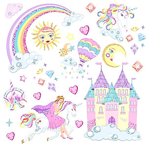 Castle Unicorn Wall Decals Princess Reflective with Heart Rainbow Vinyl Wall Stickers Gifts for Baby Girls Bedroom Party Decoration (3PCS)