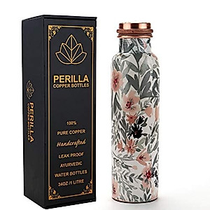 Perilla Home Pure Copper Water Bottle 34 Oz Leak Proof 100% Pure - Ayurvedic Copper Vessel - Drink More Water And Enjoy The Health Benefits Immediately - For Daily use Gym, Yoga Bottle (Printed 1)