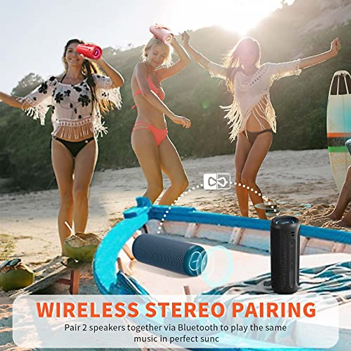 Portable Speaker, Wireless Bluetooth Speaker, IPX7 Waterproof, 25W Loud Stereo Sound, Bassboom Technology, TWS Pairing, Built-in Mic, 16H Playtime with Lights for Home Outdoor - Black