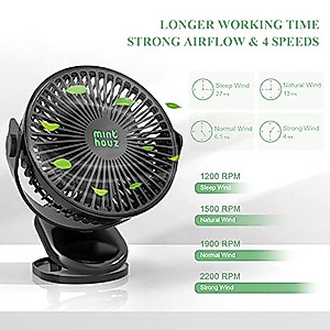 Minthouz Clip on Fan, 4000mAh Portable Fan Rechargeable Battery Operated Fan, Upgraded Quieter & Stronger Wind Personal Fan, 4 Speeds Desk Fan with Clamp,Mini Fan for Baby Stroller Bedroom Home Office