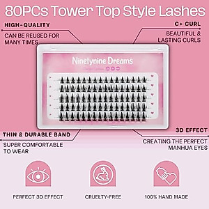 Ninetynine Dreams Tower Top Style Individual Manga Manhua Anime Lash Extensions (9-13mm) C Curl Reusable False Eyelash Soft & Lightweight Volume Lash Clusters