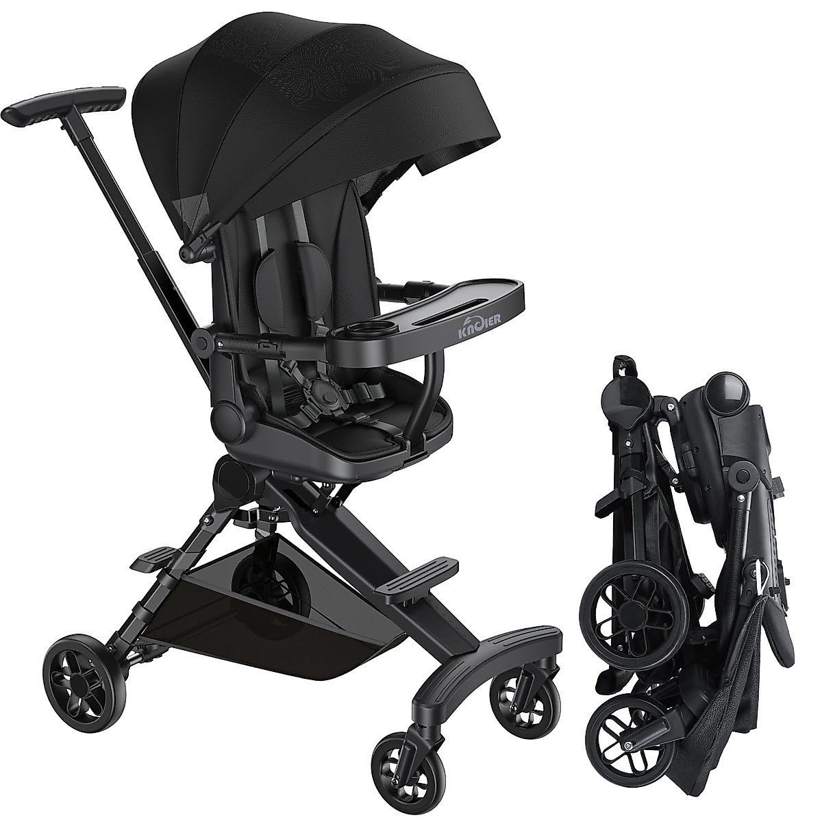 KNOIER Umbrella Stroller for Toddlers 1-3, Ultra Compact Lightweight Infant Stroller Travel Stroller with Snack Tray, Bassinet Mode, Fold 3-Position Recline, Extra Large Storage Basket