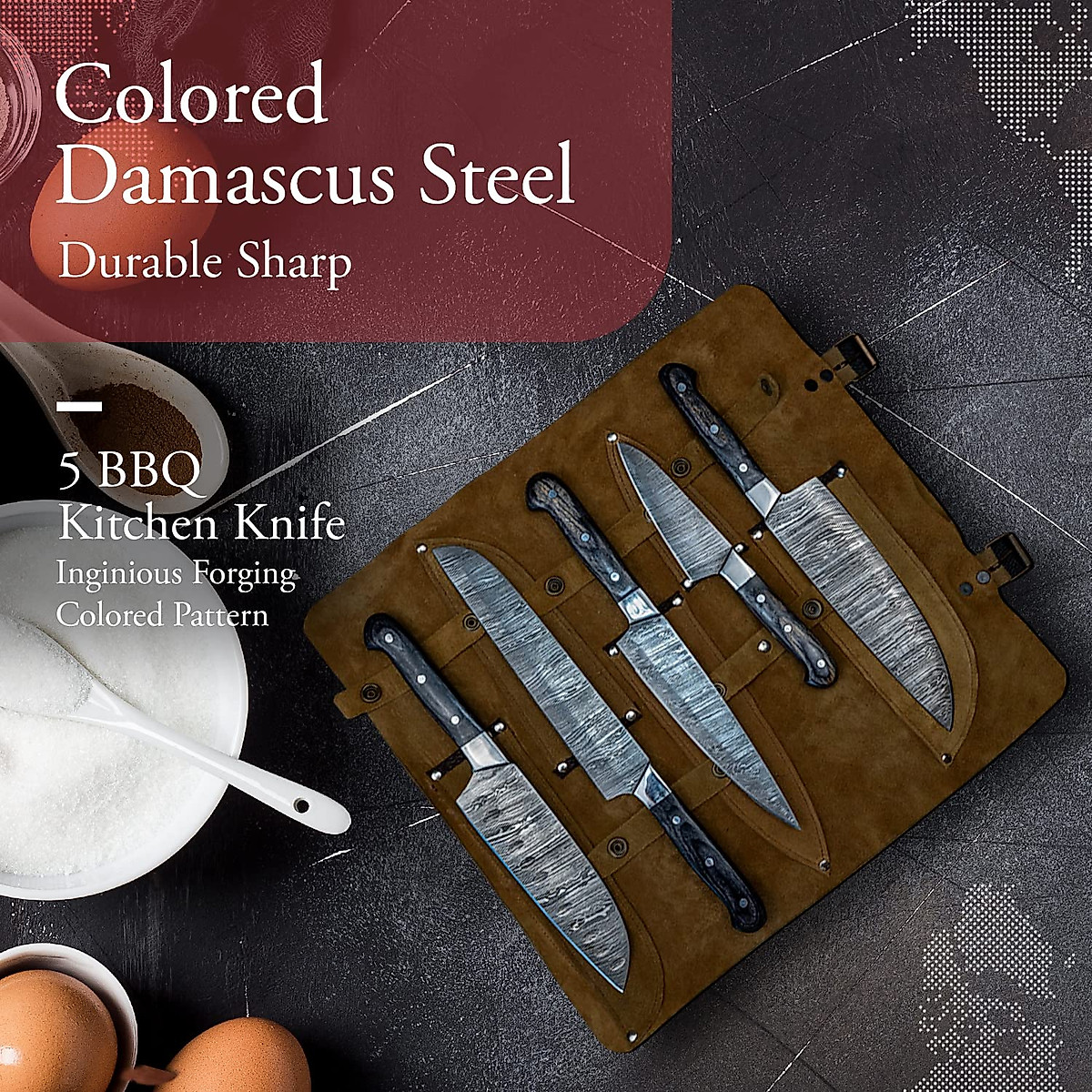 Morf Steelware Damascus Chef Knife, 5 Pieces of Damascus Steel Chef Knife Set for Kitchen, BBQ Knives, Camping Cooking Knives, Knives for Men for Camping and Outdoors