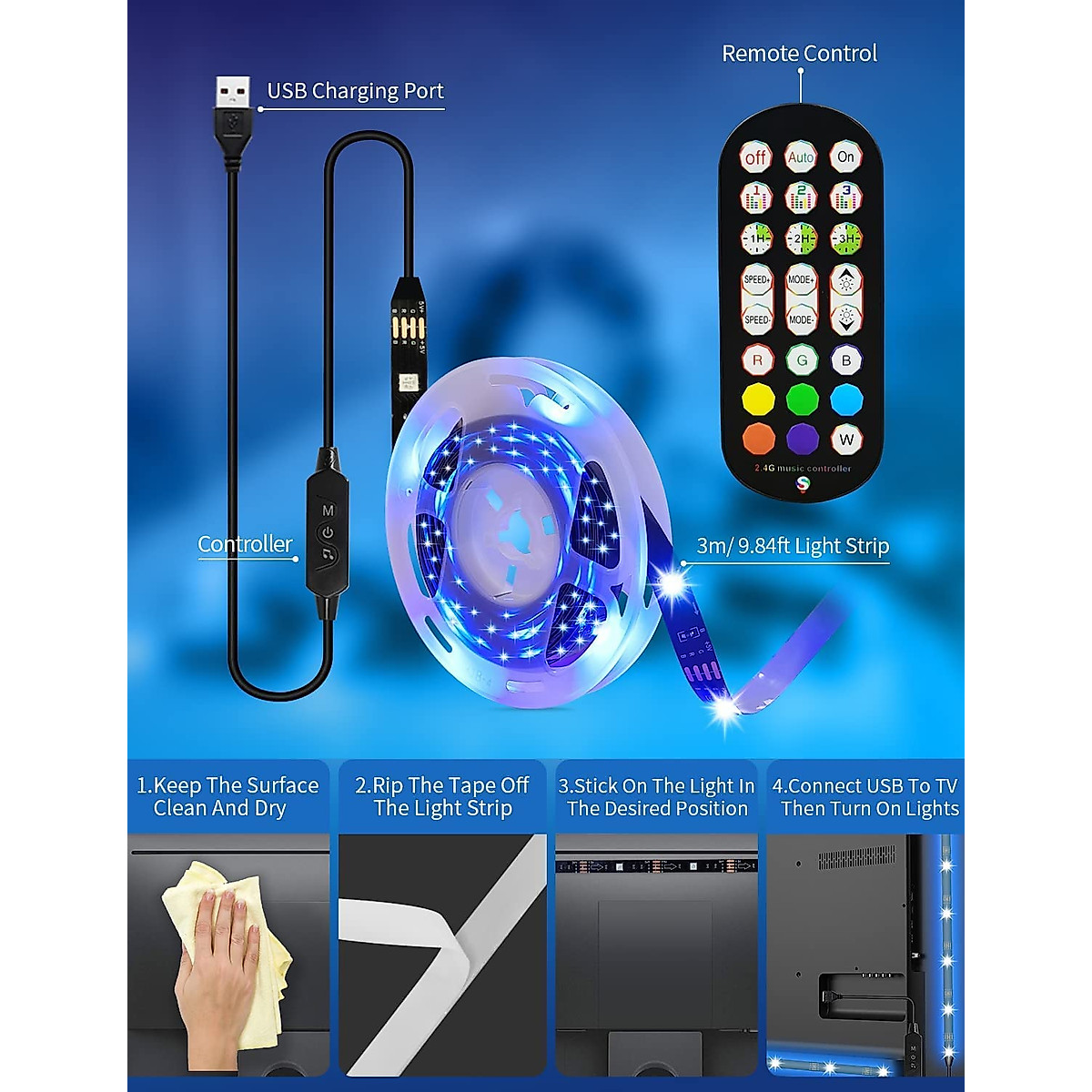 Daymeet LED TV Backlights, 9.8 ft USB Powered LED Lights for TV 32-60 inch RGB Color Changing LED Strip Lights TV Monitor Behind Lighting with Remote Music Sync Bluetooth APP Control
