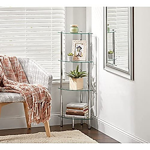 mDesign Modern Glass Corner 4-Tier Storage Organizer Tower Cabinet with Open Shelves - Display Furniture for Bathroom, Office, Bedroom, Living Room - Holds Books, Plants, Candles - Chrome/Clear