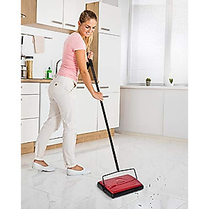 Alpine Industries Triple Brush Floor & Carpet Sweeper – Heavy Duty & Non Electric Multi-Surface Cleaner - Easy Manual Sweeping for Carpeted Floors (Red)