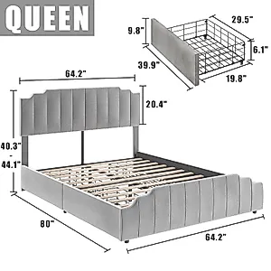 PaPaJet Queen Bed Frame with Storage Upholstered Platform Bed with 4 Drawers and Adjustable Headboard, Wooden Slats Support, No Box Spring Needed, Light Grey