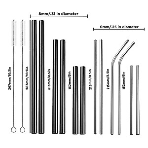 No Worries Atoll Reusable Metal Stainless Steel Straw Set of 12 Short 6” Cocktail 8.5” Smoothie and 10.5” Tumbler Drinking Straws Black and Silver Home Bar Backyard Essentials