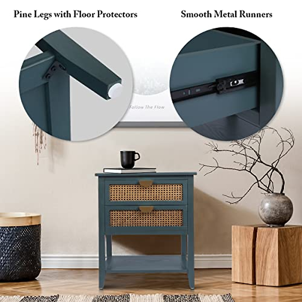 PEIHONGET Nightstands with 2 Drawers, Rattan Night Stand Bedside Table End Table Standing Storage Cabinet Organizer Dresser Drawer and Shelf for Entryway, Living Room, Bedroom, Nursery(Green)