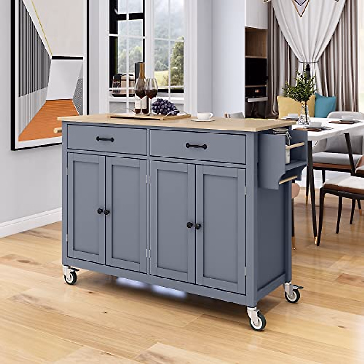 KELRIA Solid Wood Top, Mobile Carts with Storage Cabinet, Rolling Kitchen Table with Spice, Towel Rack, and Drawer, Portable Islands on Wheels, Gray, 54.3 Inch, Grey Blue
