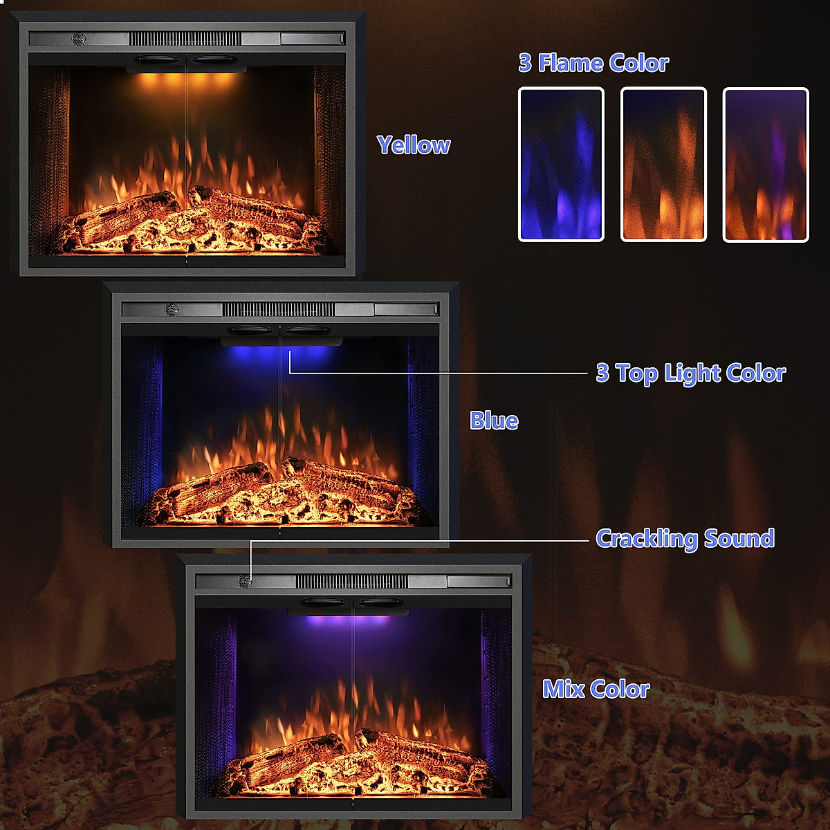 Velaychimney Electric Fireplace Insert, 36 Inches Recessed Fireplace Heater with Adjustable Flame and Top Light Colors, Fire Crackling Sound, Remote Control, Timer, 750W/1500W, Black