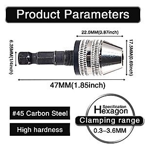 HOHXEN Keyless Mini 3-Jaw Drill Chuck Screwdriver Adapter with Quick-change 1/4" Hex Shank to Hold Straight-shank 0.3-3.6mm Drill Bits Milling Cutters for Micro-production, One Chuck (Not Three)