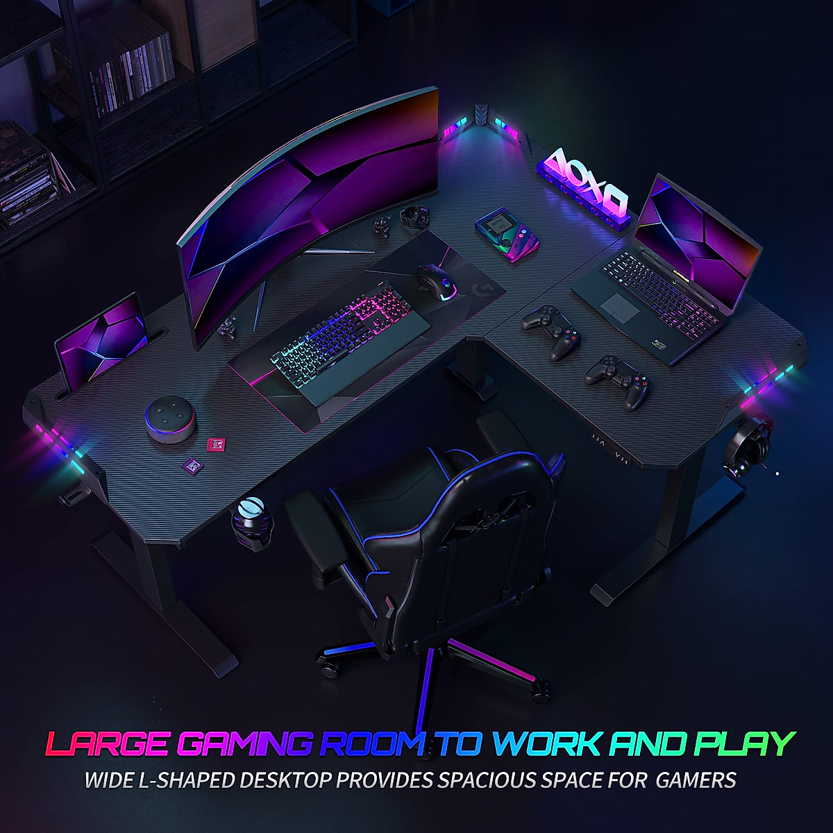 FEZIBO 63 Inch L Shaped Gaming Standing Desk, Electric Height Adjustable Gaming Desk with Triple Motors, Corner Stand up Desk with Cup Holder, Black Frame/Carbon Fiber Top