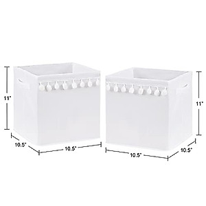 Sweet Jojo Designs White Foldable Fabric Storage Cube Bins Boxes Organizer Toys Kids Baby Childrens - Set of 2 - Gender Neutral Solid Color Bohemian Southwest Tribal Pom Pom for Llama Collection