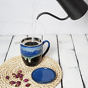 Bosmarlin Ceramic Tea Cup with Infuser and Lid, 16 Oz, 4 Color to Choose Dishwasher and Microwave Safe, Steeping Tea Mug with Strainer (Blue)