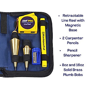 AWF PRO Plumb Bob Kit - 16 oz and 8 oz Solid Brass Plumb Bobs, 14 ft Retractable Line Reel with Magnetic Base, 2 Pencils, Pencil Sharpener, Carrying Case