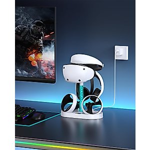 FASTSNAIL Charging Stand for PlayStation VR2, Multifunction Vertical PS VR2 Headset & Sense Controllers Charge Dock Station with 10 RGB Light Modes of Memory, for PS5 VR2 PSP Games Accessories