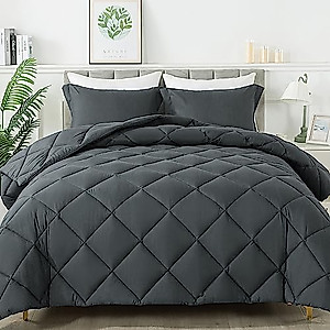 HYLEORY King Size Comforter Set with 2 Pillow Shams - Down Alternative Bed Comforters Bedding Sets for All Season - Lightweight - Machine Washable - Dark Grey