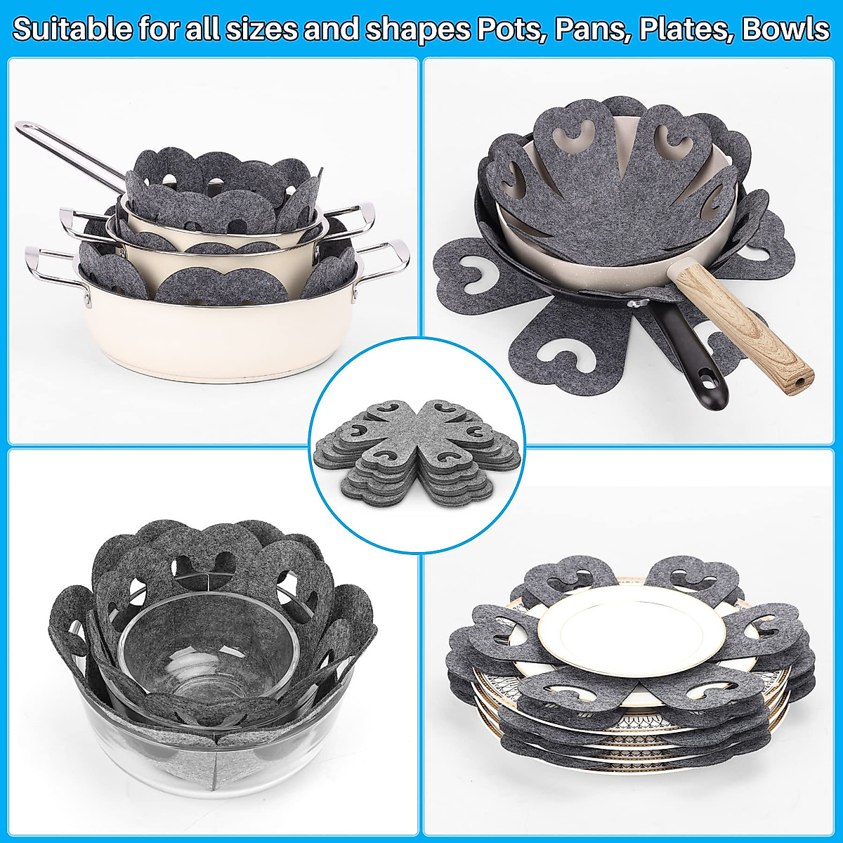 MUAKIOY (Set of 20) Pot and Pan Protectors for Stacking, 4 Different Size, Large High-Density Felt Pads Cookware Separators Dividers Cushioning to Avoid Scratching or Marring, Grey