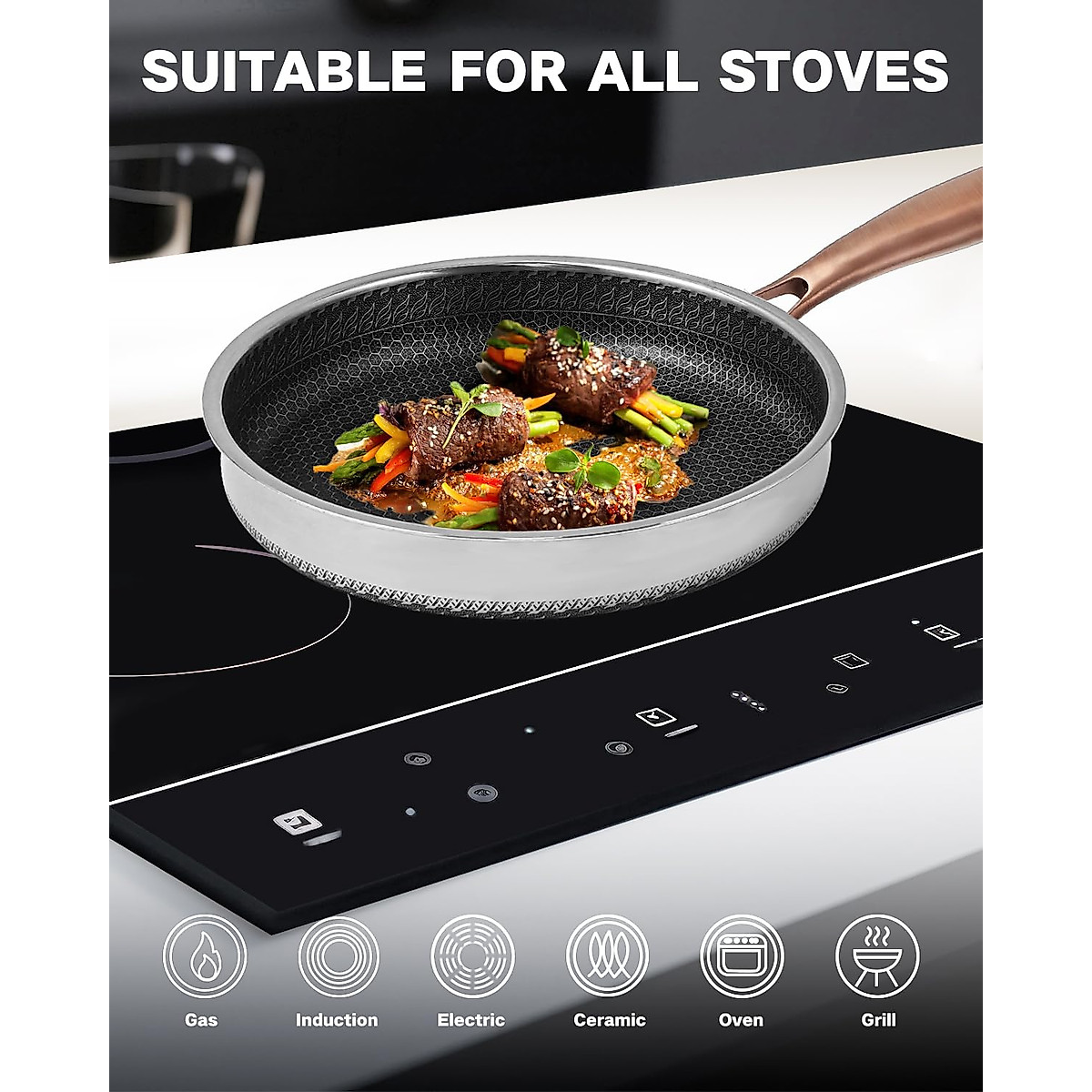 Bakpoco Frying Pans Nonstick, 12 inch Hybrid Non Stick Frying Pan with Lid, Stainless Steel Non Toxic PFOA Free Scratch-resistant Coating Skillets, Dishwasher & Oven Safe Induction Compatible Cookware