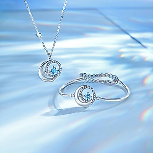 FANCIME Aquamarine Necklace March Birthstone Moon Star Pendant 925 Sterling Silver Blue Fine Jewelry Birthday Anniversary Christmas Gifts for Women Mom Daughter, Adjustable Chain 16+2"