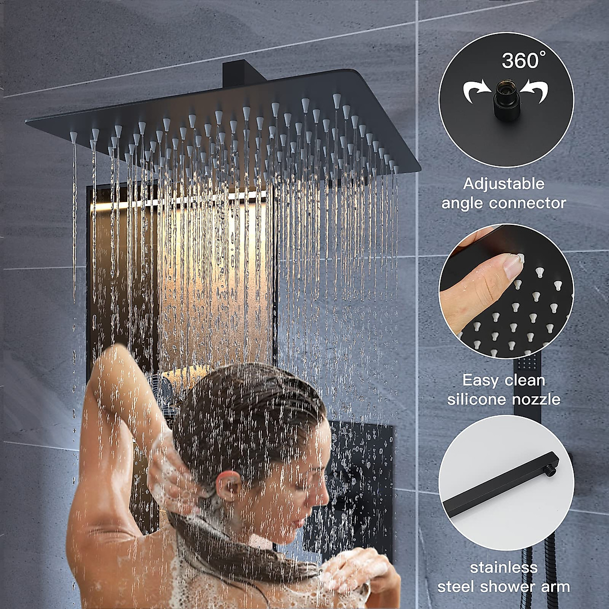 BWE 12 Inch Black Shower System Faucet Waterfall Tub Complete with Matte Spout Set Square Luxury Rain Mixer Pressure Balancing 3-Function Wall Mount Rainfall Rough-in Valve Body and Trim Included