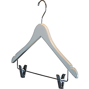 White Wood Combo Hanger w/ Adjustable Cushion Clips, Box of 25 Space Saving 17 Inch Flat Wooden Hangers w/ Chrome Swivel Hook & Notches for Shirt Jacket or Dress by The Great American Hanger Company