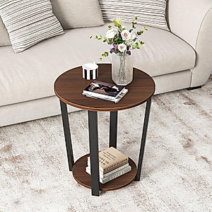 Giantex Round End Table Set of 2, 2-Tier Side Sofa Table with Open Storage Shelf and Metal Frame, Industrial Nightstand Bedside Table for Living Room, Bedroom, Small Space, Accent Furniture, Walnut