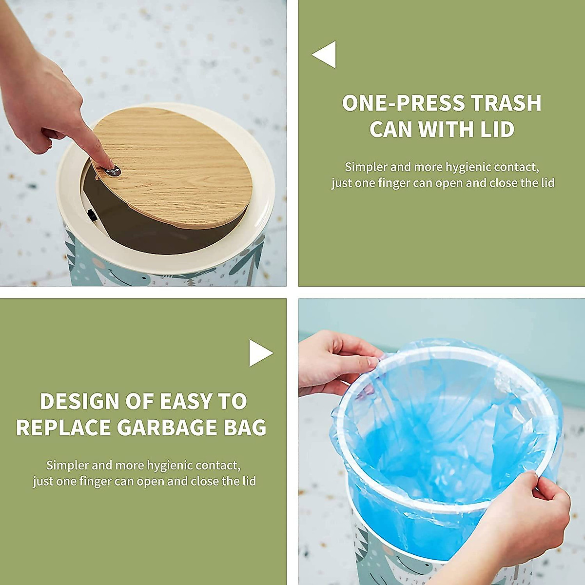 IBPNKFAZ89 Dinosaur Kids Small Cute Bathroom Trash Can with Lid, Kawaii Dog Child Proof Dino Palm Garbage Bin, Wood Waste Bin, Press Cover, Round Wastebasket, 8.66 x 14.3 inch