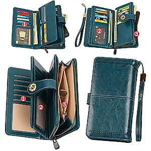 Pearl Angeli Women Wallet Genuine Leather Charming Ladies Wristlet Tri-fold Rfid Blocking Credit Card Holder Organizer Clutch Navy (Peacock Blue)