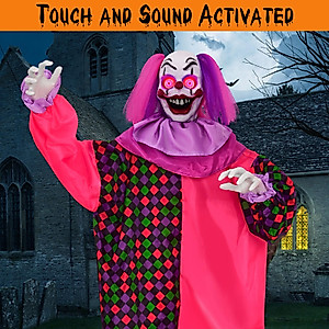 64" Halloween Clown Animatronics with Flashing Red Eyes & Moving Arm, Talking Life-Size Clown Halloween Decorations for Haunted House Outdoor Decorations (Touch and Sound Activated)