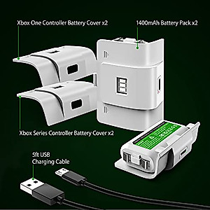 2 Pack Rechargeable Controller Battery Pack for Xbox One/Xbox Series X S with 4 Battery Cover (White) Play and Charge Kit with Micro USB Charging Cable for Xbox 1 S/X/Elite Wireless Remote