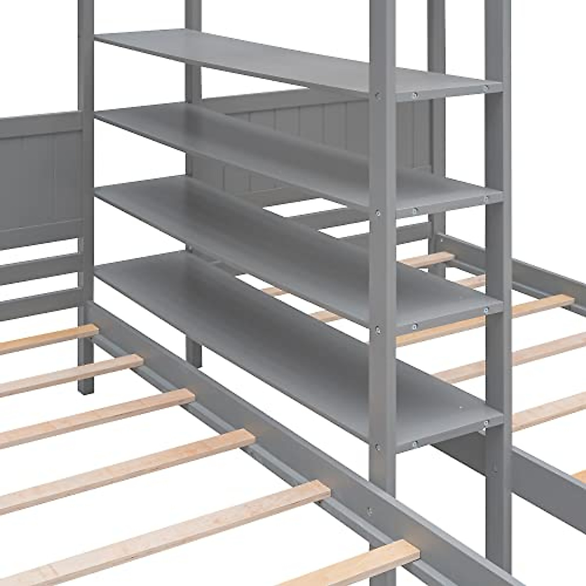 BOVZA Modern Triple Bunk Bed Frame, Twin XL Over Twin&Twin Wooden Bunk Bed with Built-in 4 Shelves and Ladder, Saving Space, Gray