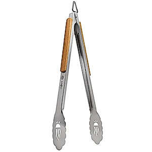 Shark BBQ Grill Tongs, Heavy Duty Barbecue Tong w Acacia Wood Grips, 18 Inch Long, Extra Sturdy Stainless Steel Meat Turner, Everyday Grilling Tools and Accessories for Top Grillers and Pitmasters