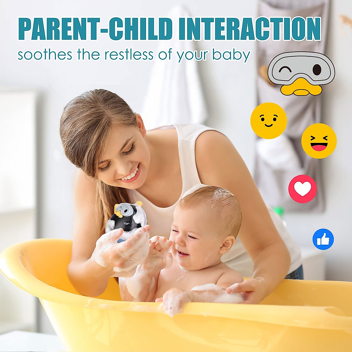 Bath Toys Storage with 2 Pack Cute Swimming Duck Baby Bath Toys for Toddlers 1-3, Baby Bath Toy Organizer with 3 Suction Cups & 3 Adhesive Hooks, Toddler Bath Toys, Wind Up Bathtub Toys for Boy Girl